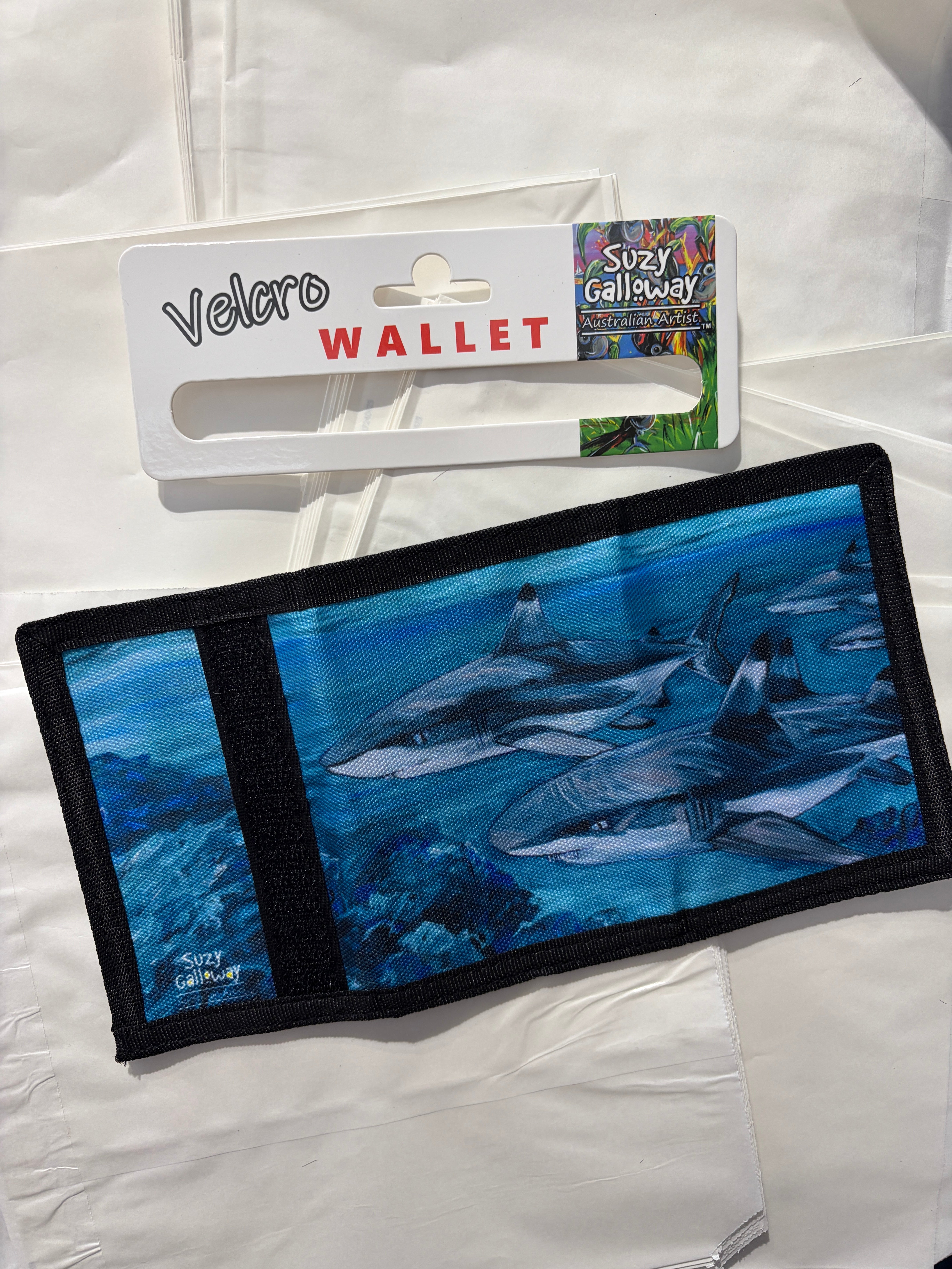 Velcro Wallet SHARK design – Suzy Galloway Australian Artist